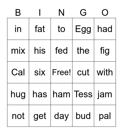 Short Vowel sound Bingo Card