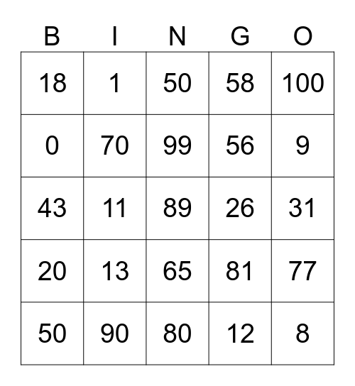 1-100 Bingo Card