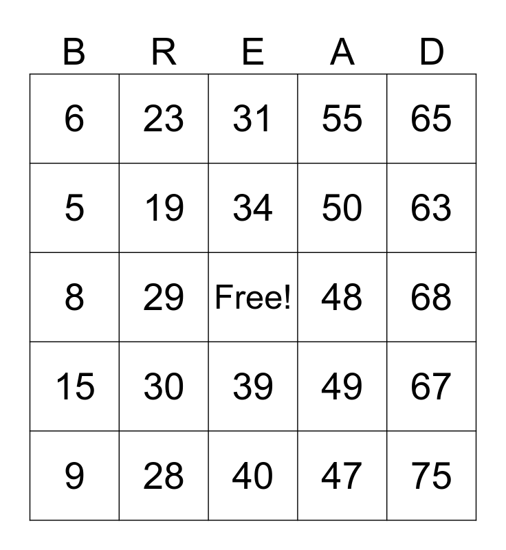 Bread Club Bingo Card