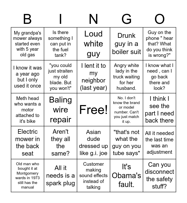 small engine shop bingo Card