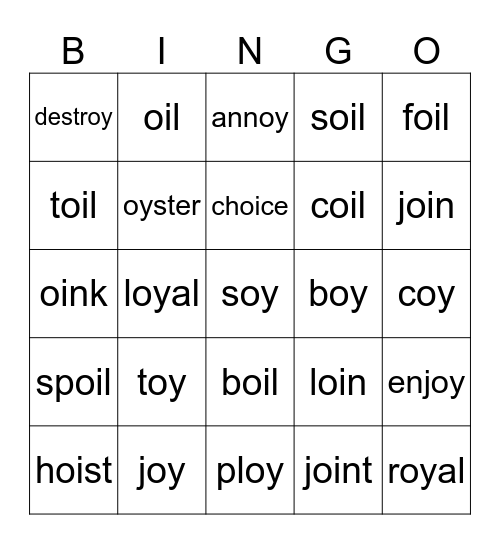 Diphthong - oi & oy Bingo Card