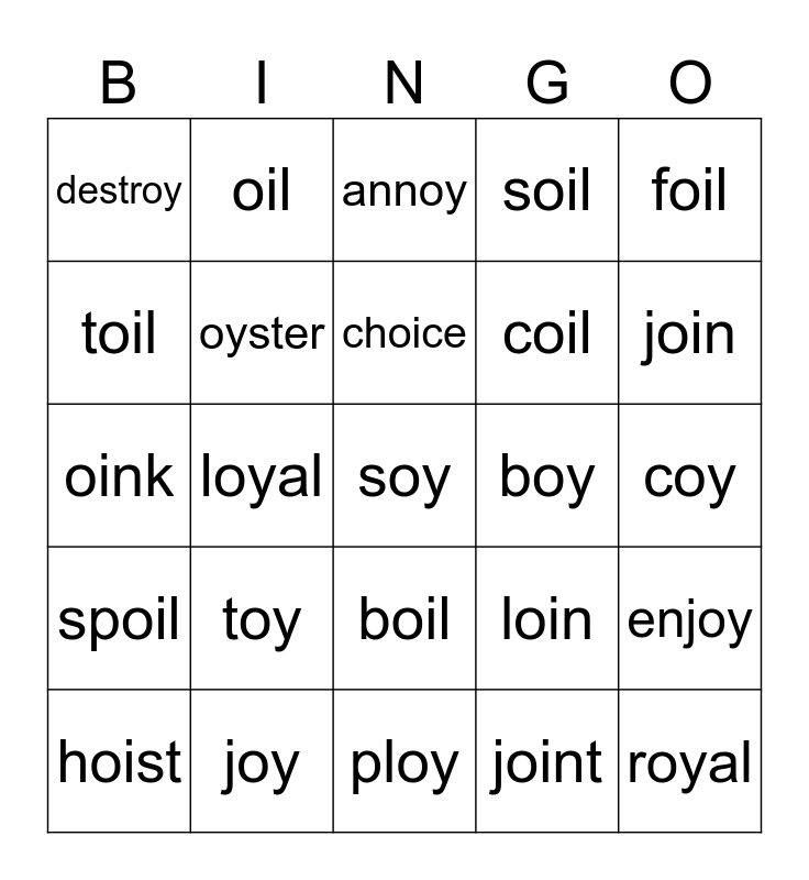 Diphthong - oi & oy Bingo Card