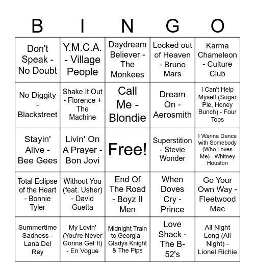 100 Greatest Pop Songs Music Bingo Card