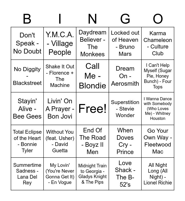 100 Greatest Pop Songs Music Bingo Card