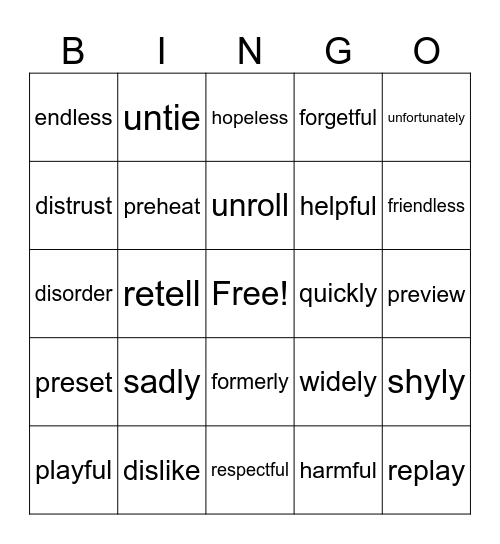 Prefix/Suffix Bingo Card