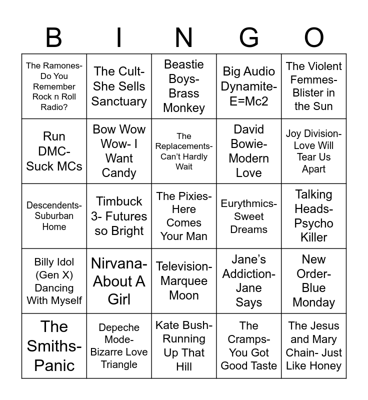Radio Bingo 80's Cool Kids Mixtape Bingo Card