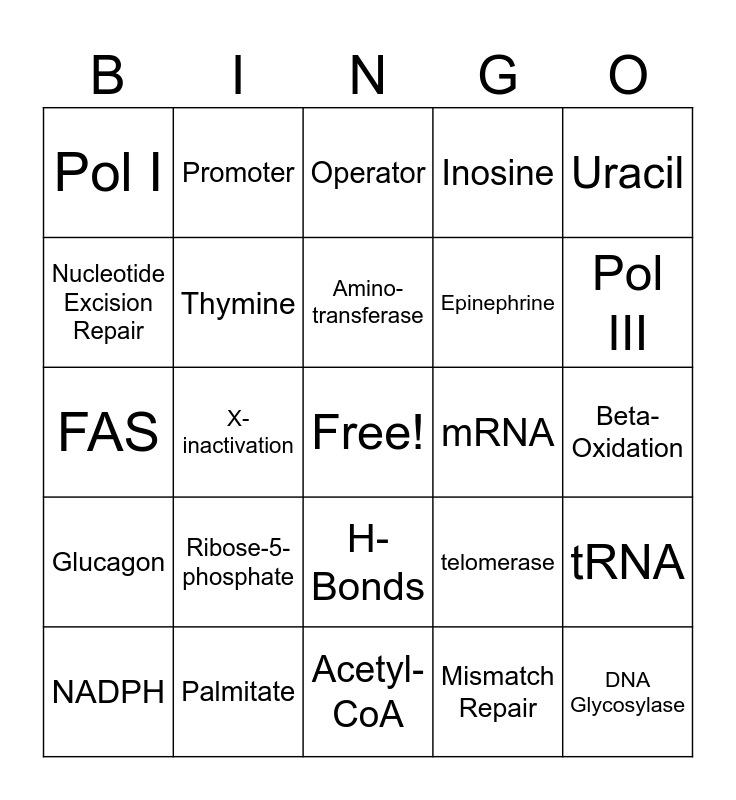 Biochemistry II Bingo! Bingo Card