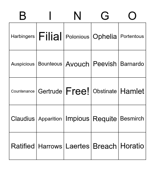 Hamlet Act 1 Vocabulary Bingo Card