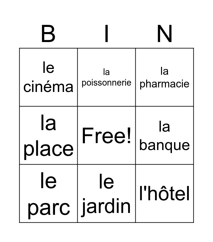 ENDROITS DE LA VILLE Bingo Card