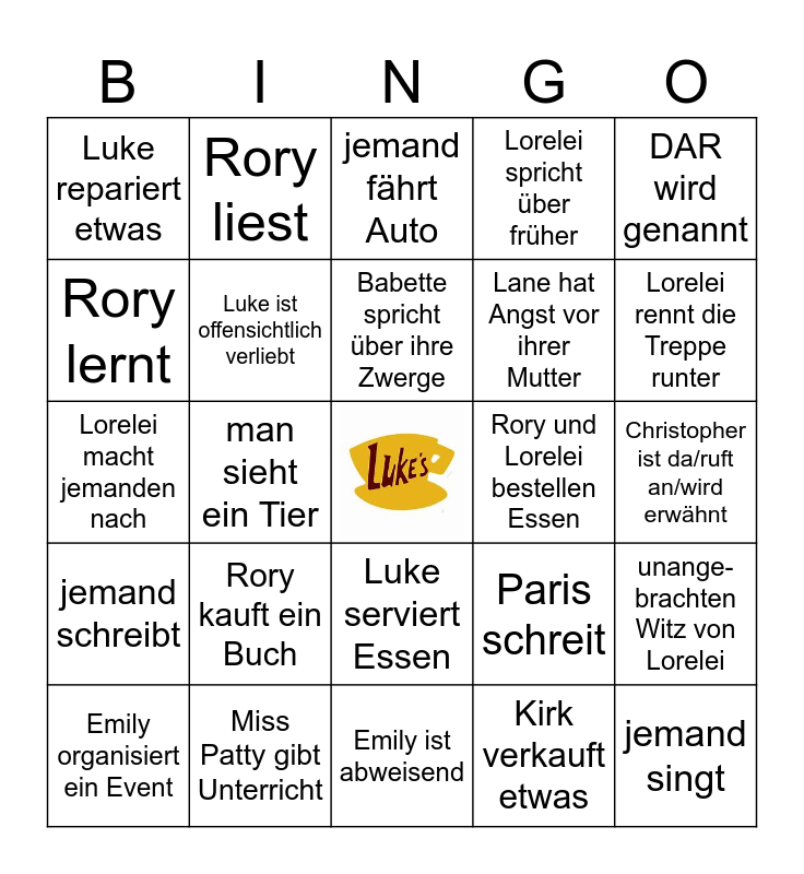 Gilmore Girls Shot Bingo Card