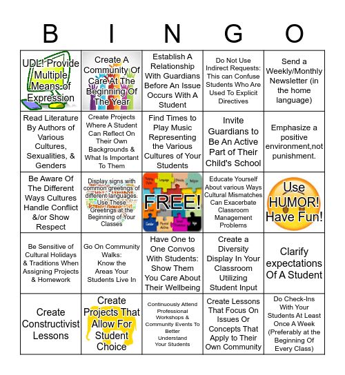 Culturally Responsive Classroom Bingo Card