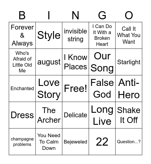 MM Taylor Swift Bingo #4 Bingo Card