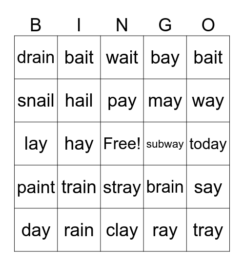 ai/ay vowel teams Bingo Card