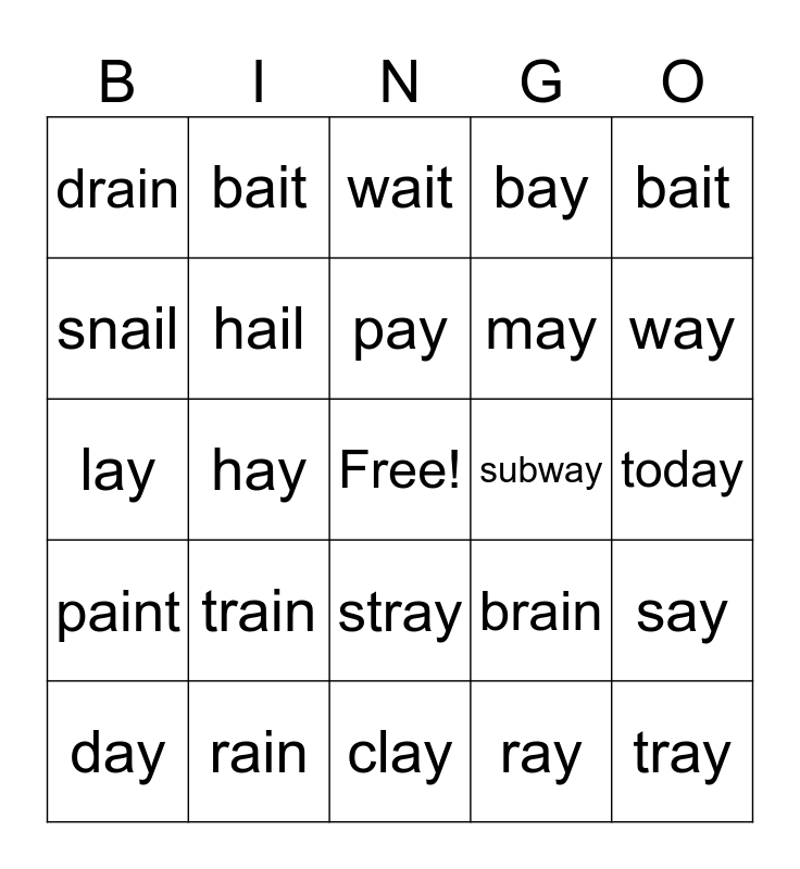 ai/ay vowel teams Bingo Card