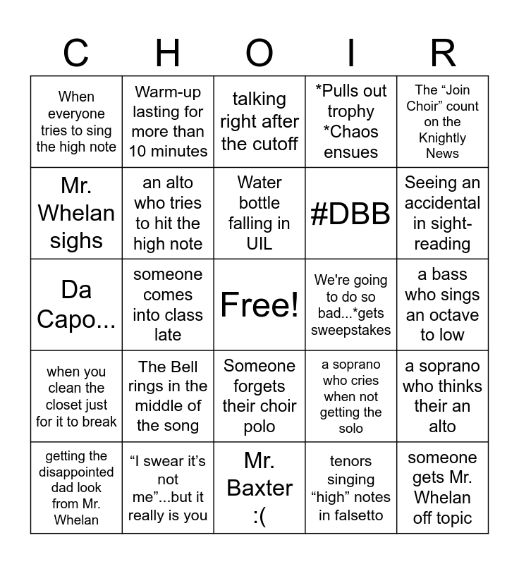 Choir Bingo Card