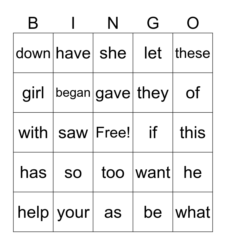 Sight Word Bingo Card