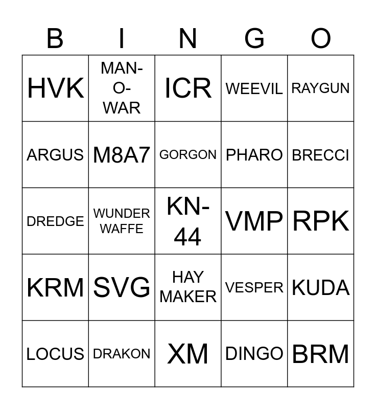 Pack-a-Punch Bingo Card