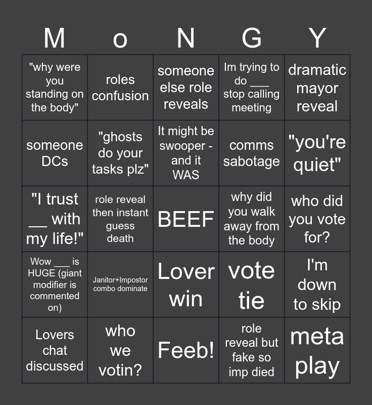 Mongus Bingus Bingo Card