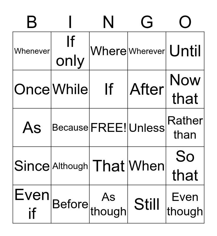 Subordinating Conjunctions Bingo Card