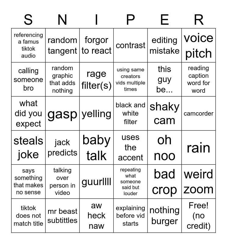 Sssniperwolf Bbbingo Fffor Mmme Bingo Card