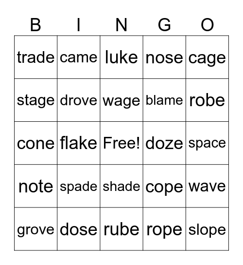 magic e Bingo Card