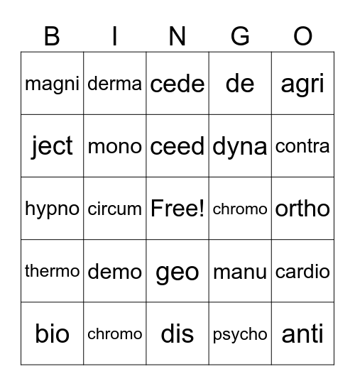 Prefixes Bingo Card