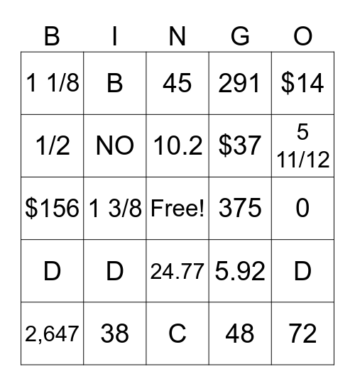 Computation and Estimation Bingo Card
