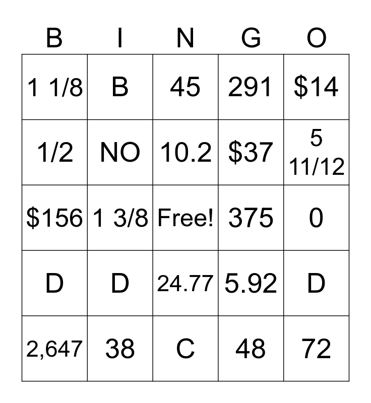 Computation and Estimation Bingo Card