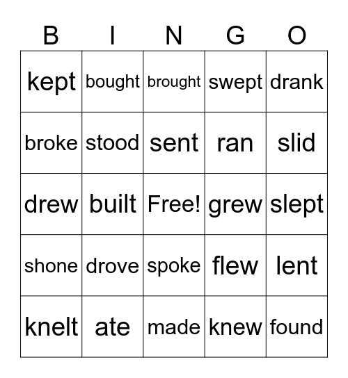 Irregular Past Tense Verbs Bingo Card