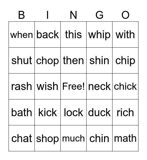 Digraph Bingo Card