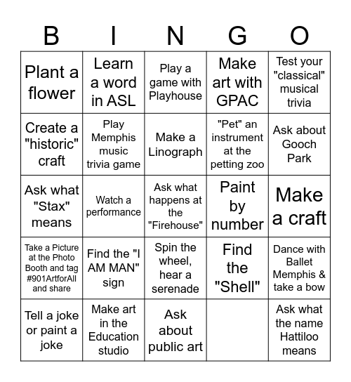 Art for All Scavenger Hunt Bingo Card