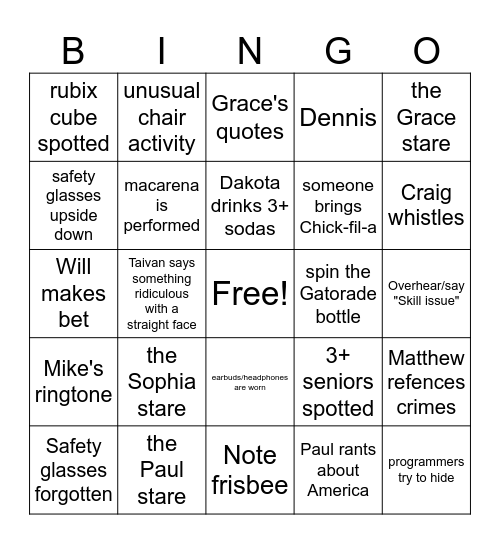 NASA Knights Bingo Card