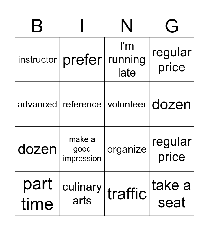 Burlington High Beginner Review Bingo Card