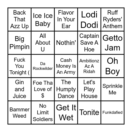 Vibe Bingo 90's Hip Hop Bingo Card