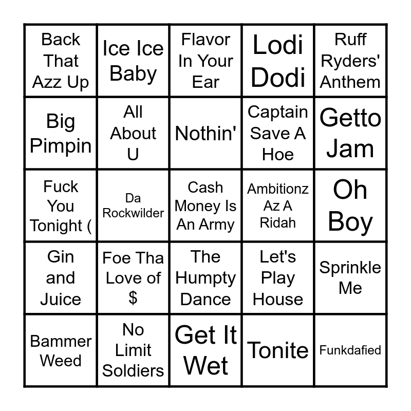 Vibe Bingo 90's Hip Hop Bingo Card