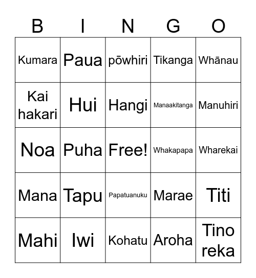Hongi to hangi Bingo Card