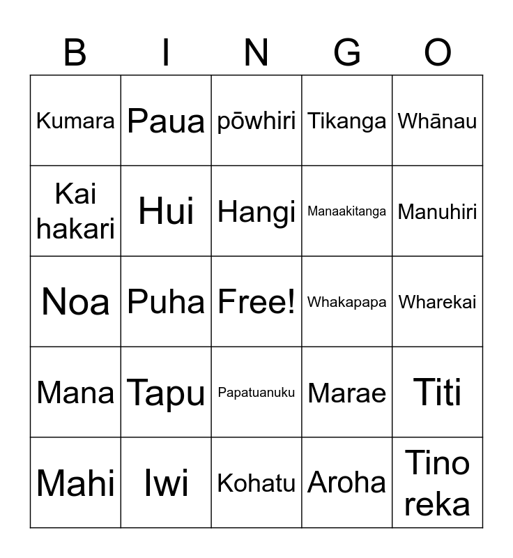 Hongi to hangi Bingo Card
