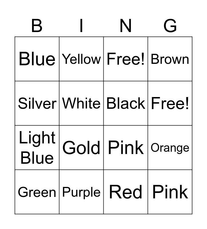 Auslan Colours Bingo Card