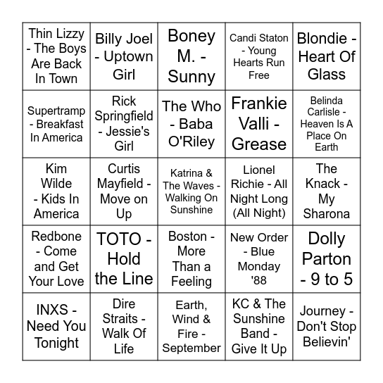 Golden Oldies Bingo Card