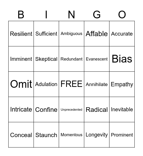 ACT Vocab Bingo Card