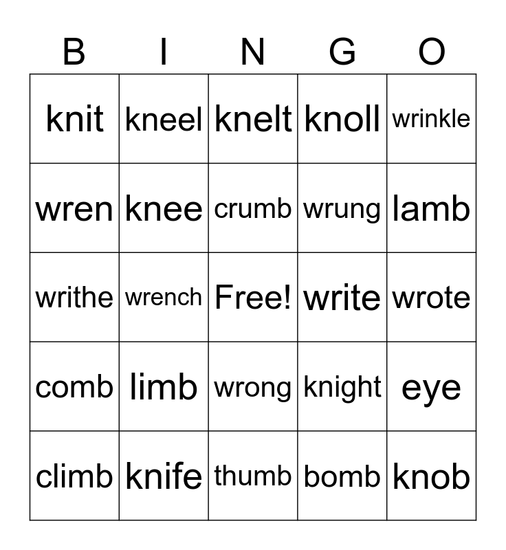 Lesson 98 KN WR MB Bingo Card