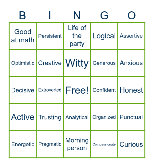 Personality Trait LaForce Bingo Card