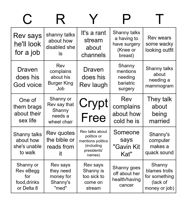 Crypt Bingo Card