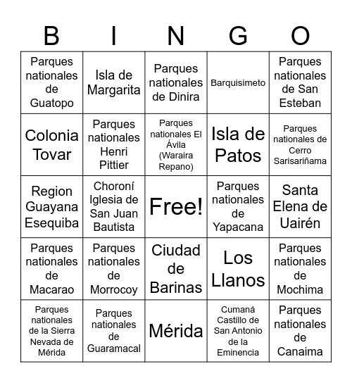 Venezuela Bingo Card