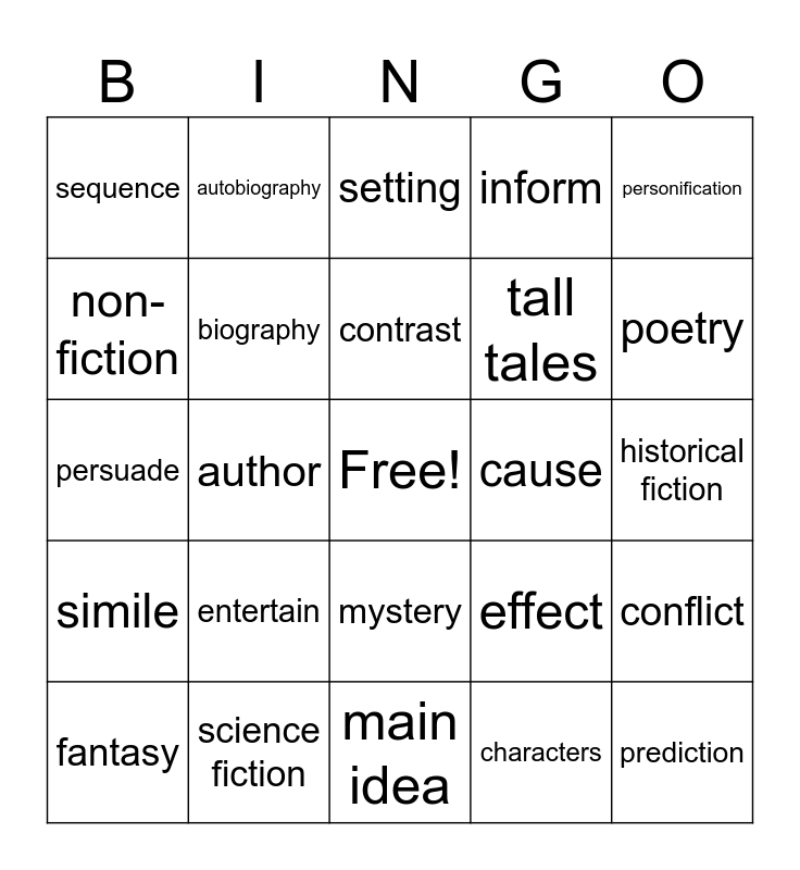 Literature Bingo Card
