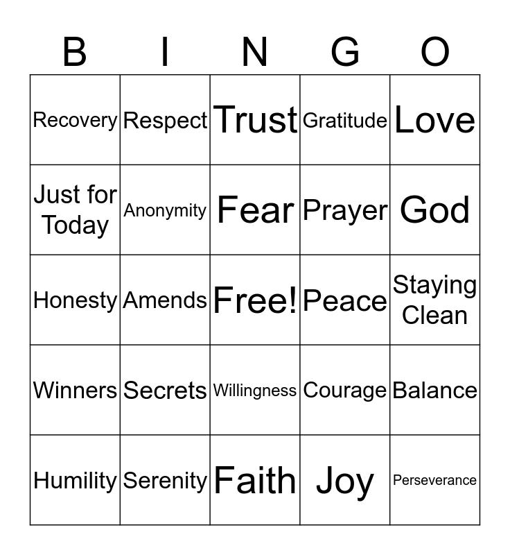 Spiritual Principles Bingo Card