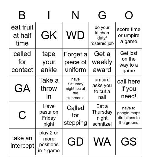 Netball Bingo Card