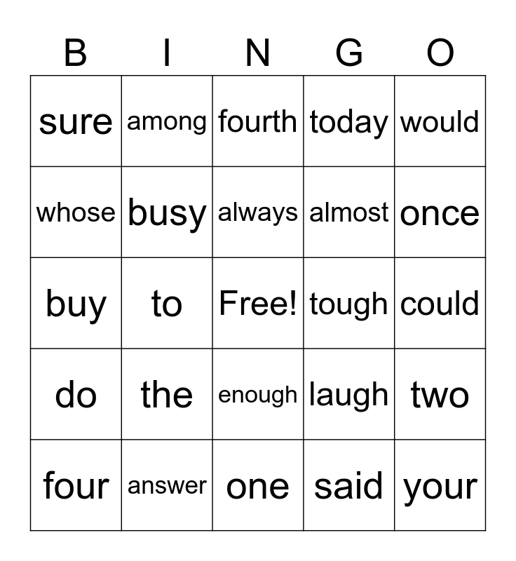 Heart Words Set 2 Bingo Card