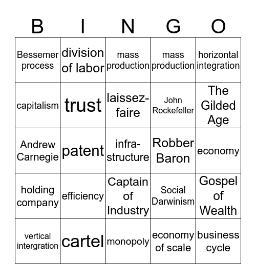 Gilded Age Bingo Card