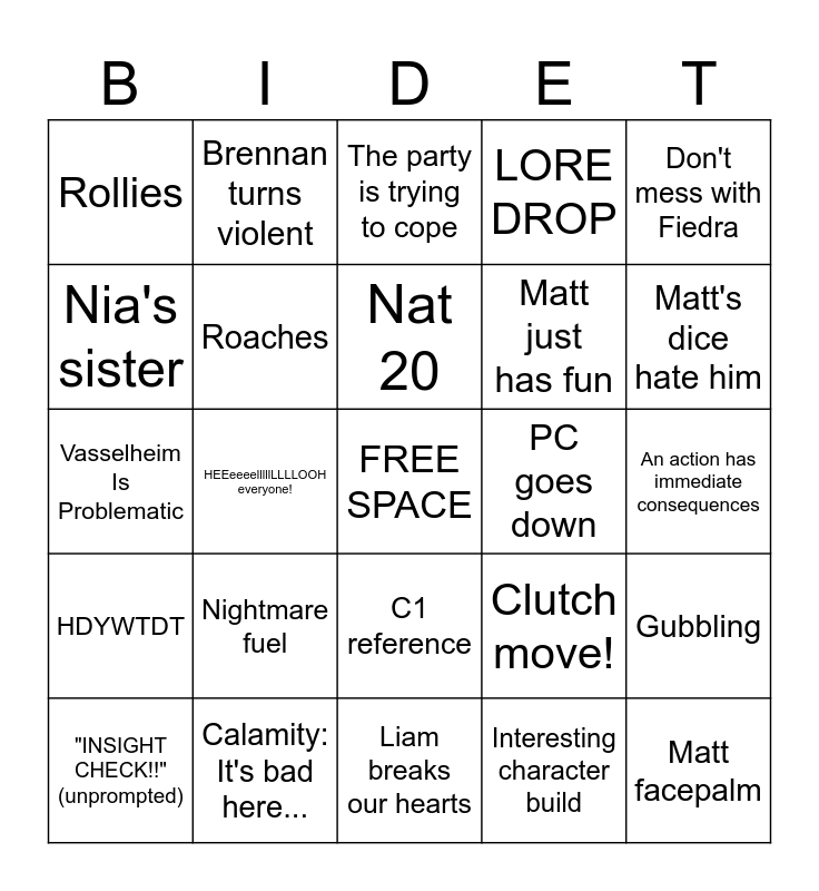 Critical Role ExU Divergence Bingo Card
